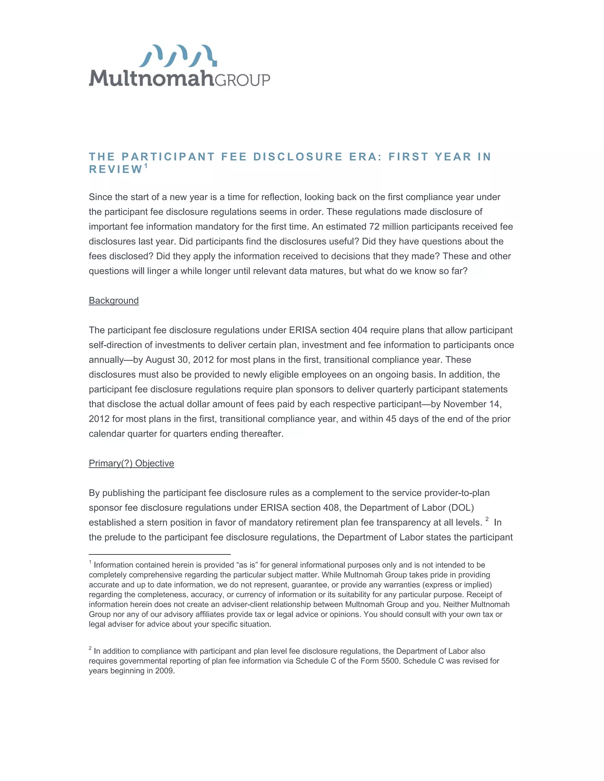 Participant Fee Disclosure Era 1st Year in Review | PDF