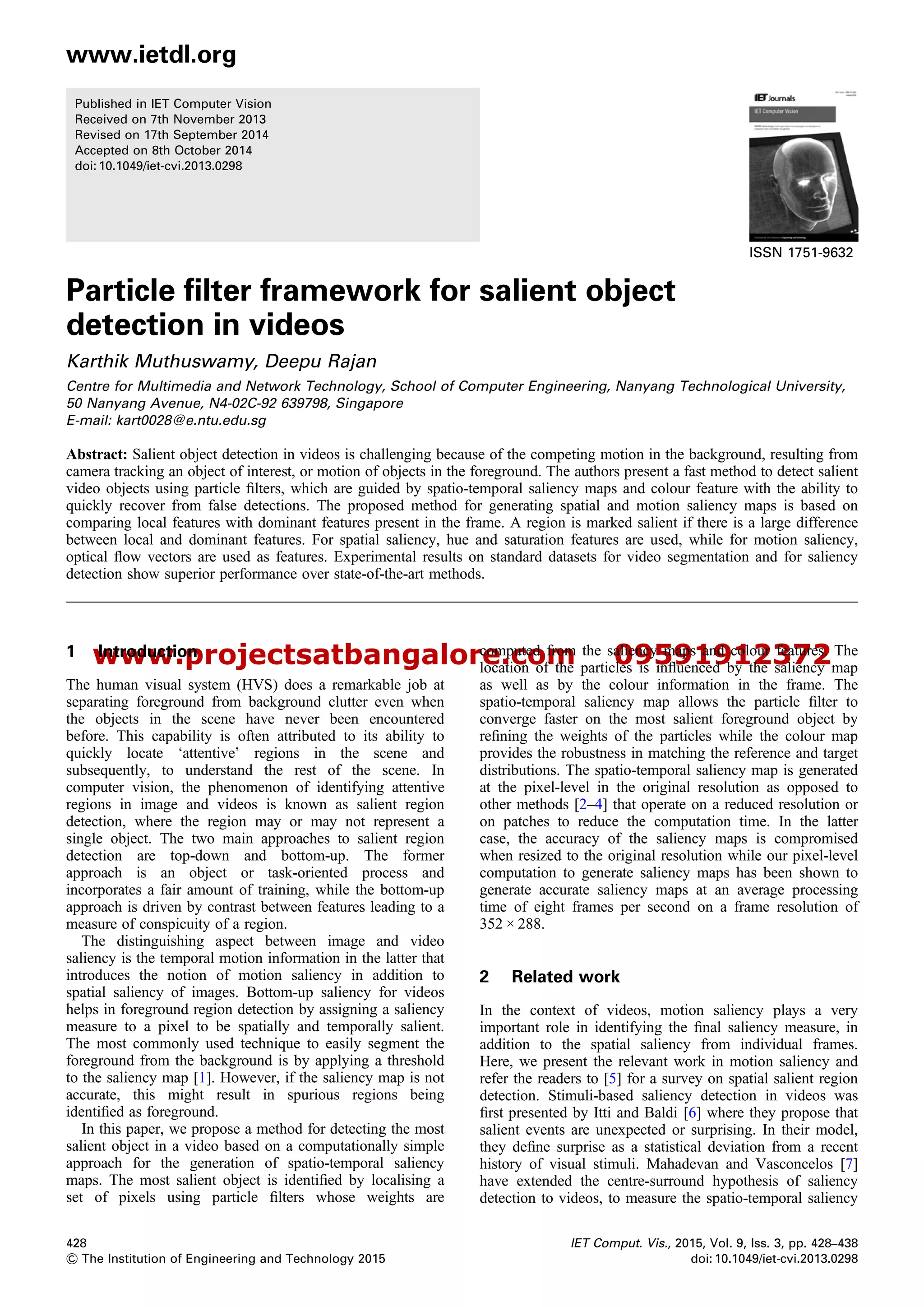 Particle Filter Framework For Salient Object Detection In Videos Pdf
