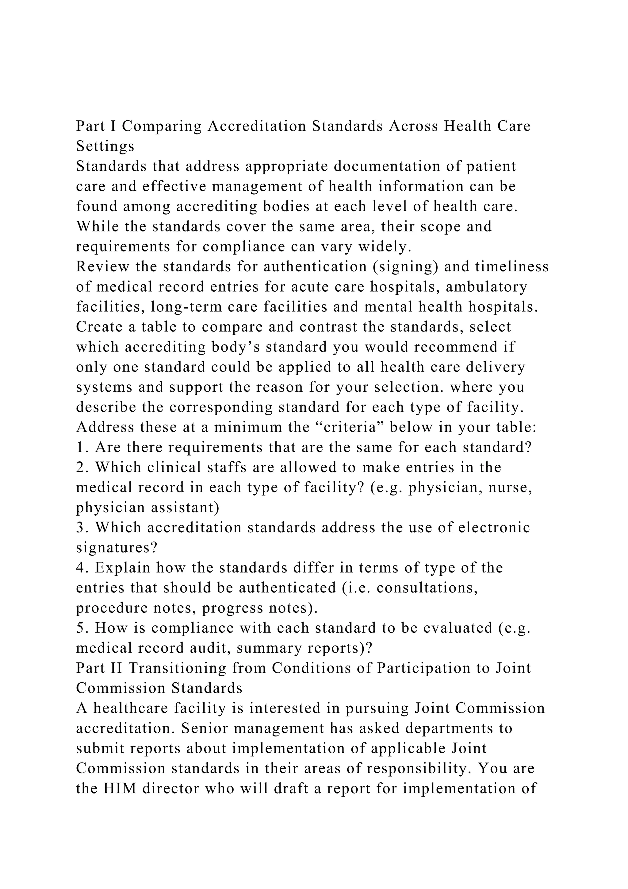 Part I Comparing Accreditation Standards Across Health Care Settin.docx