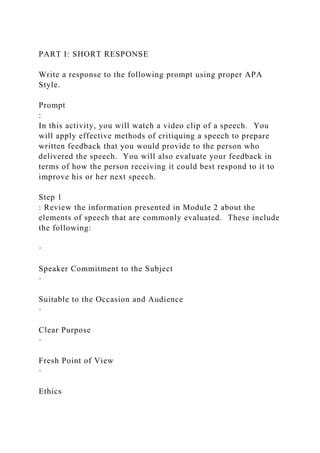 PART I SHORT RESPONSEWrite a response to the following prompt u.docx