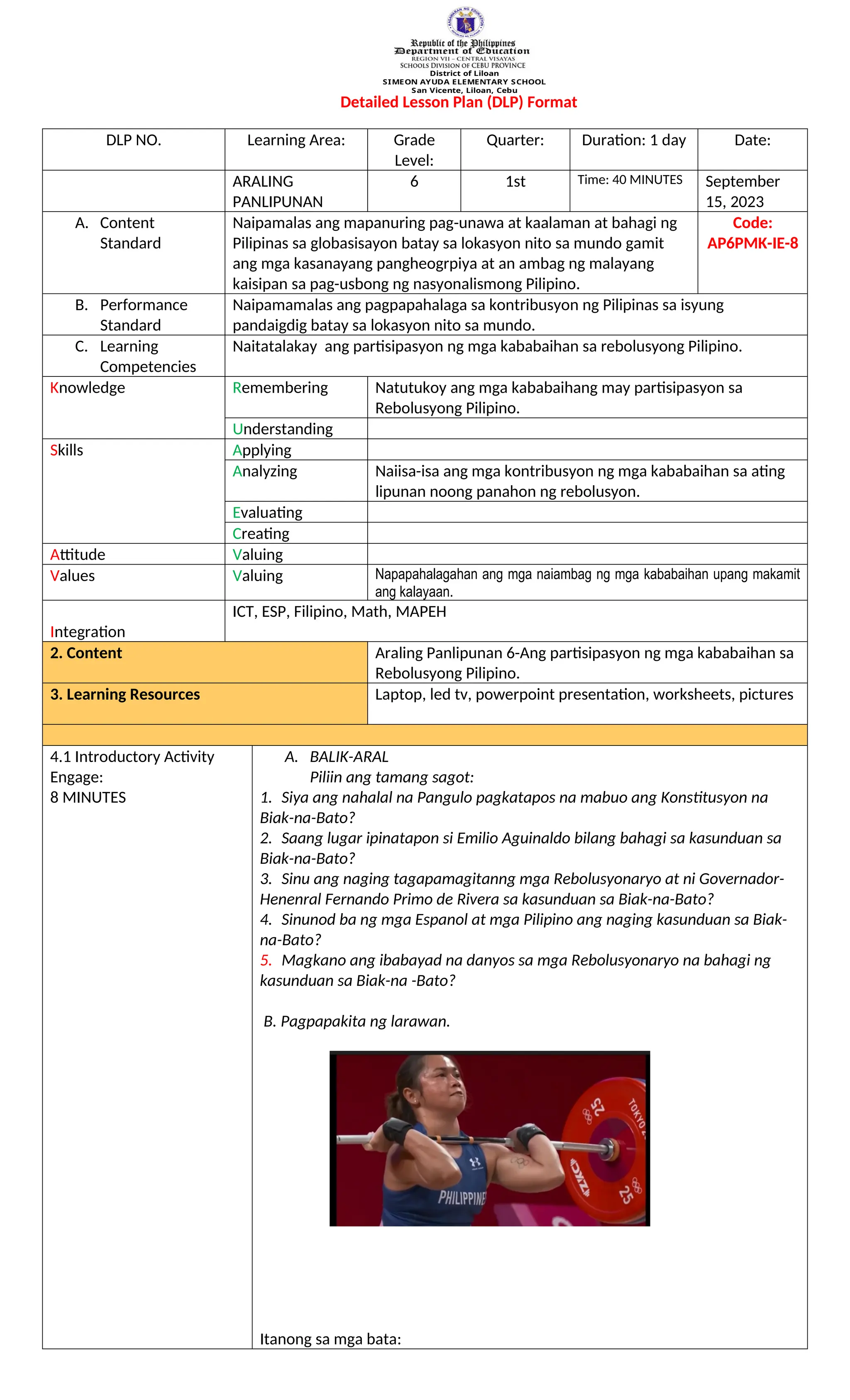 DLP AP6 QUARTER 1 PARTISIPASYON NG MGA KABABAIHAN.docx