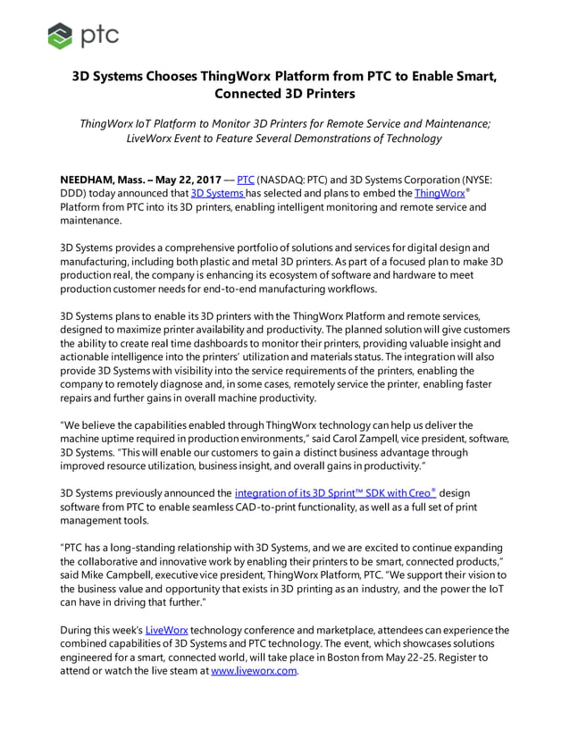 3D Systems Chooses ThingWorx Platform from PTC to Enable Smart ...