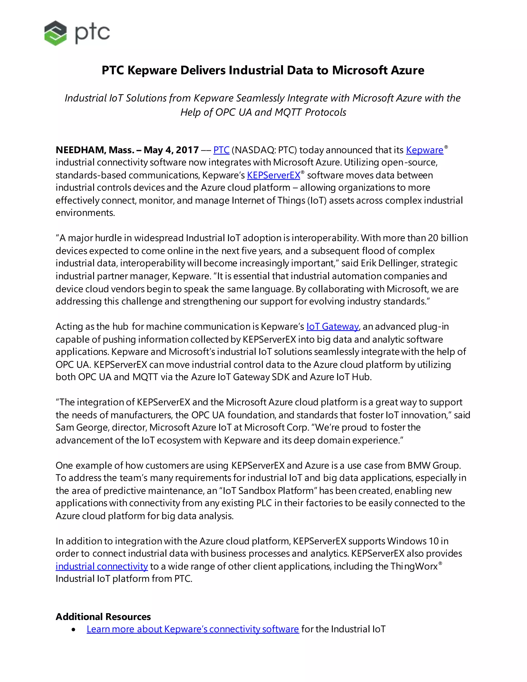 PTC Kepware Delivers Industrial Data to Microsoft Azure | DOCX