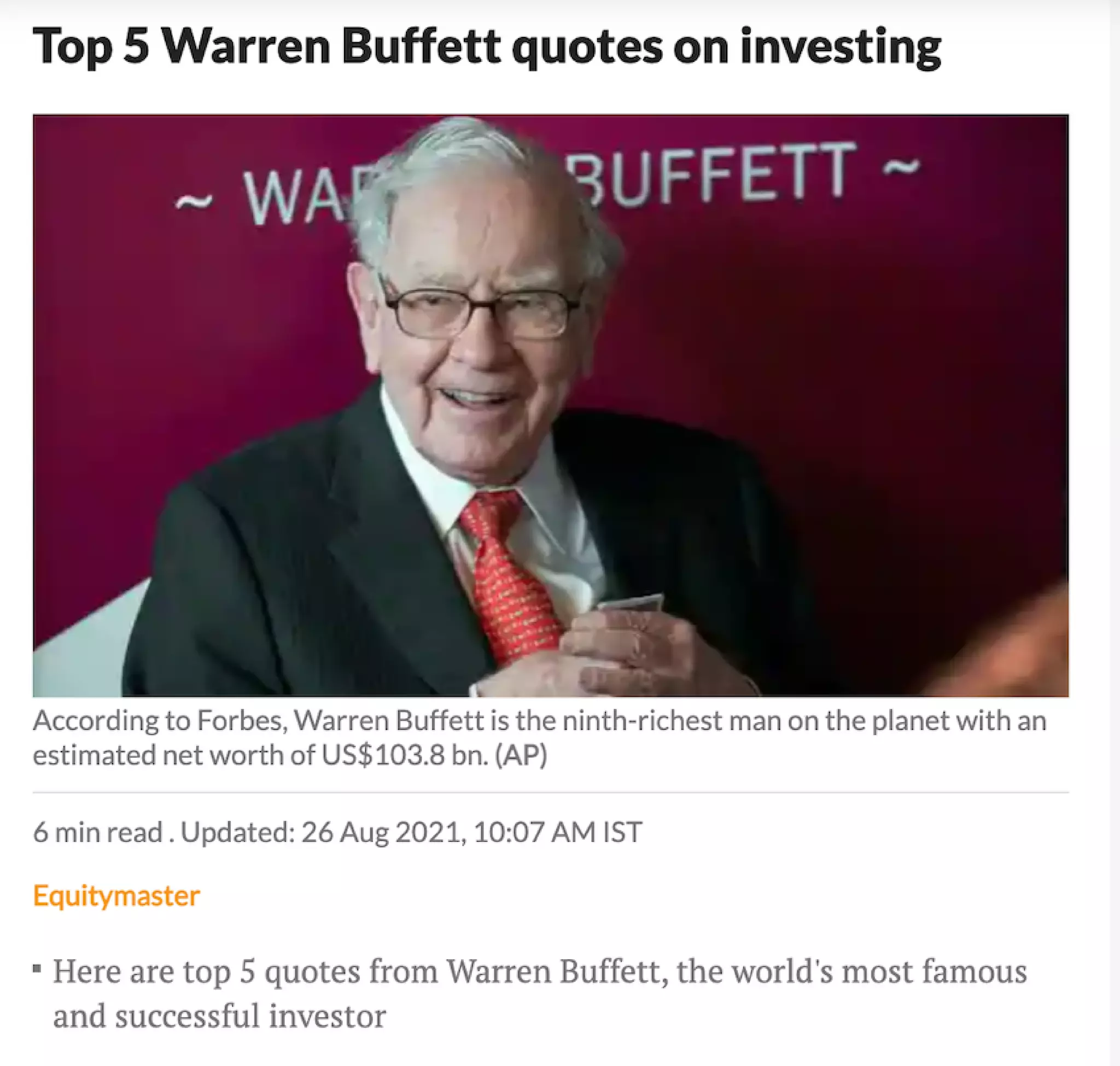 Top 5 Warren Buffet Quotes On Investing Ppt