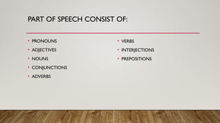 PART OF SPEECH is oun, Pronoun, Verb, Adjective, Adverb, Preposition ...
