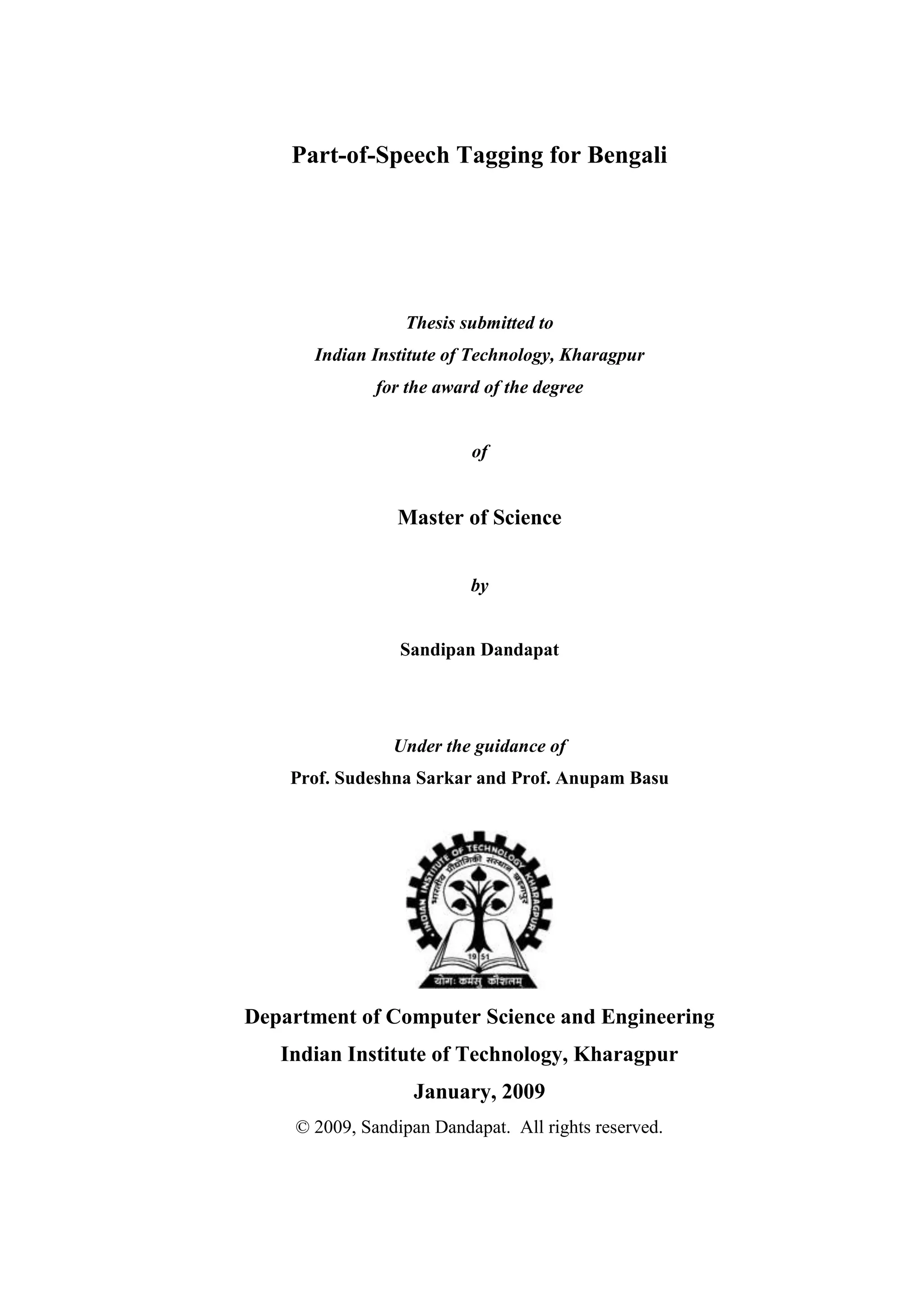 Part-of-Speech Tagging for Bengali Thesis submitted to Indian ... | DOCX