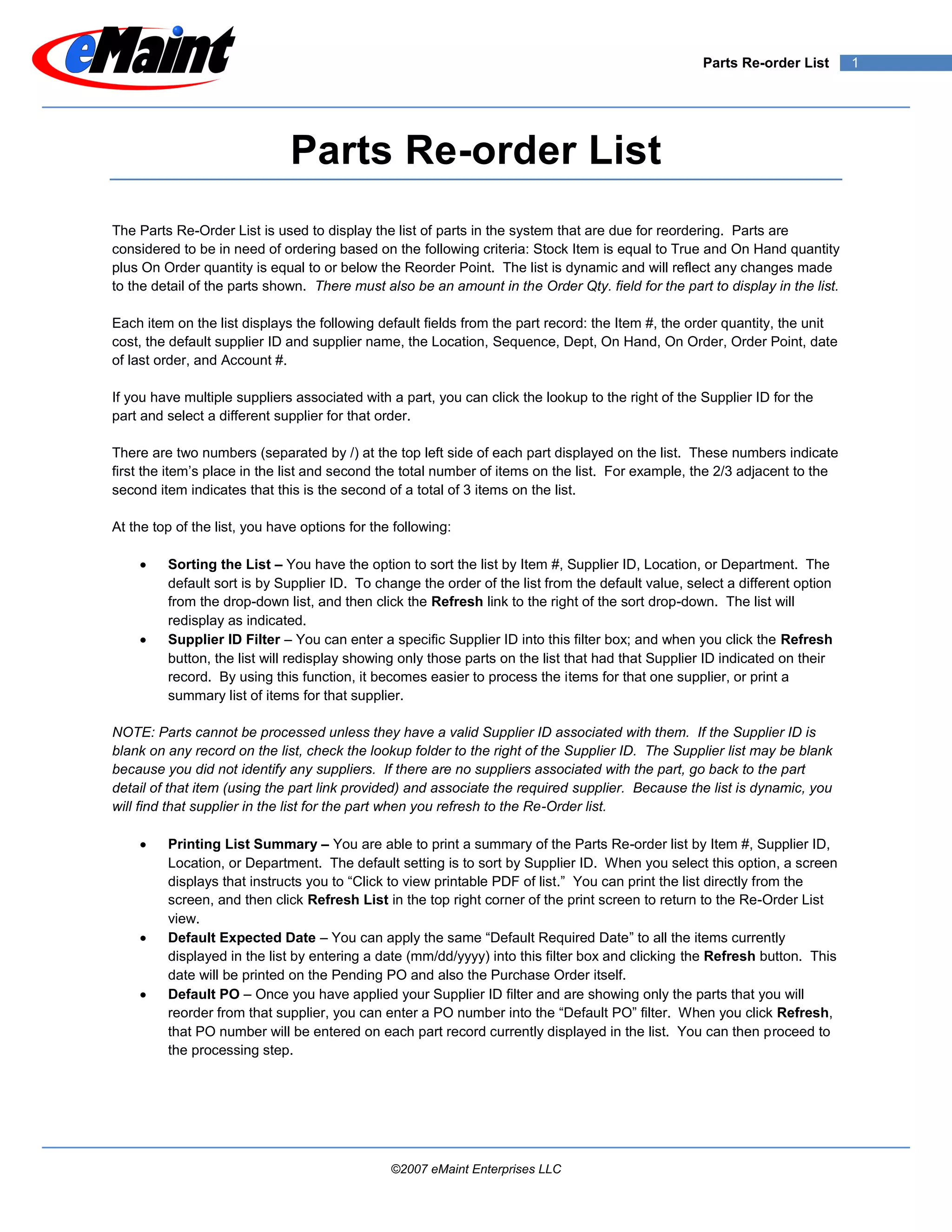Parts Reorder List | PPT