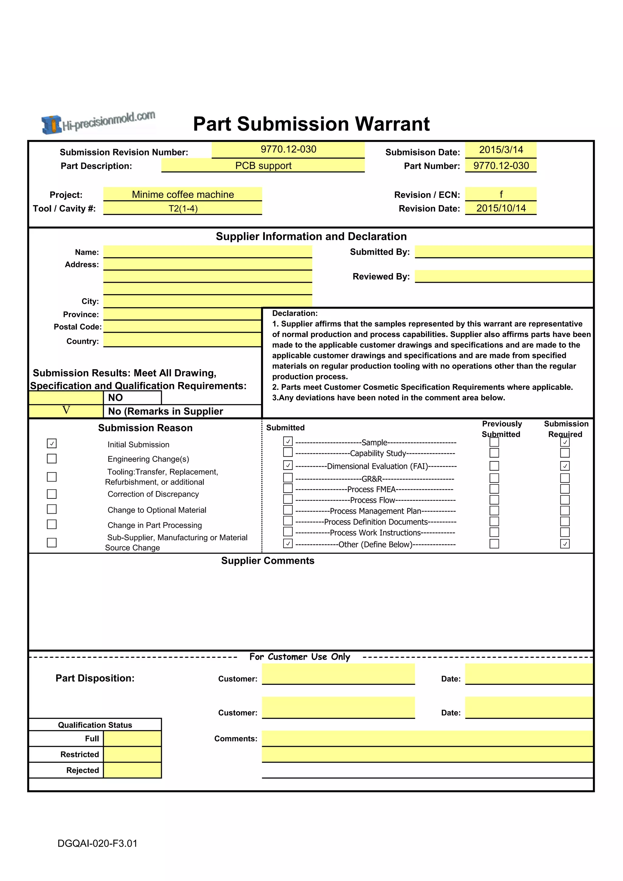 Part sbumission warrant from hi precision | PDF