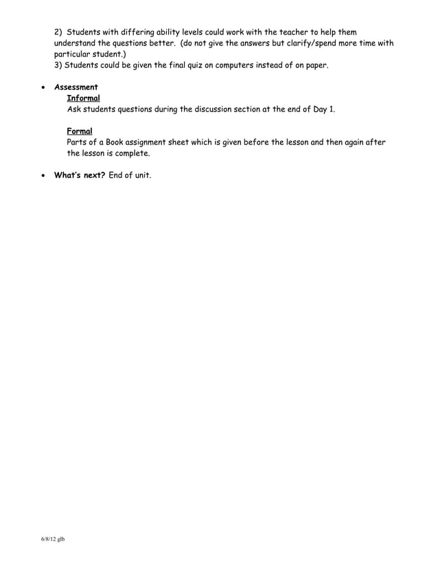 Parts of a book lesson 2nd | DOC | Educational Assessment | Education