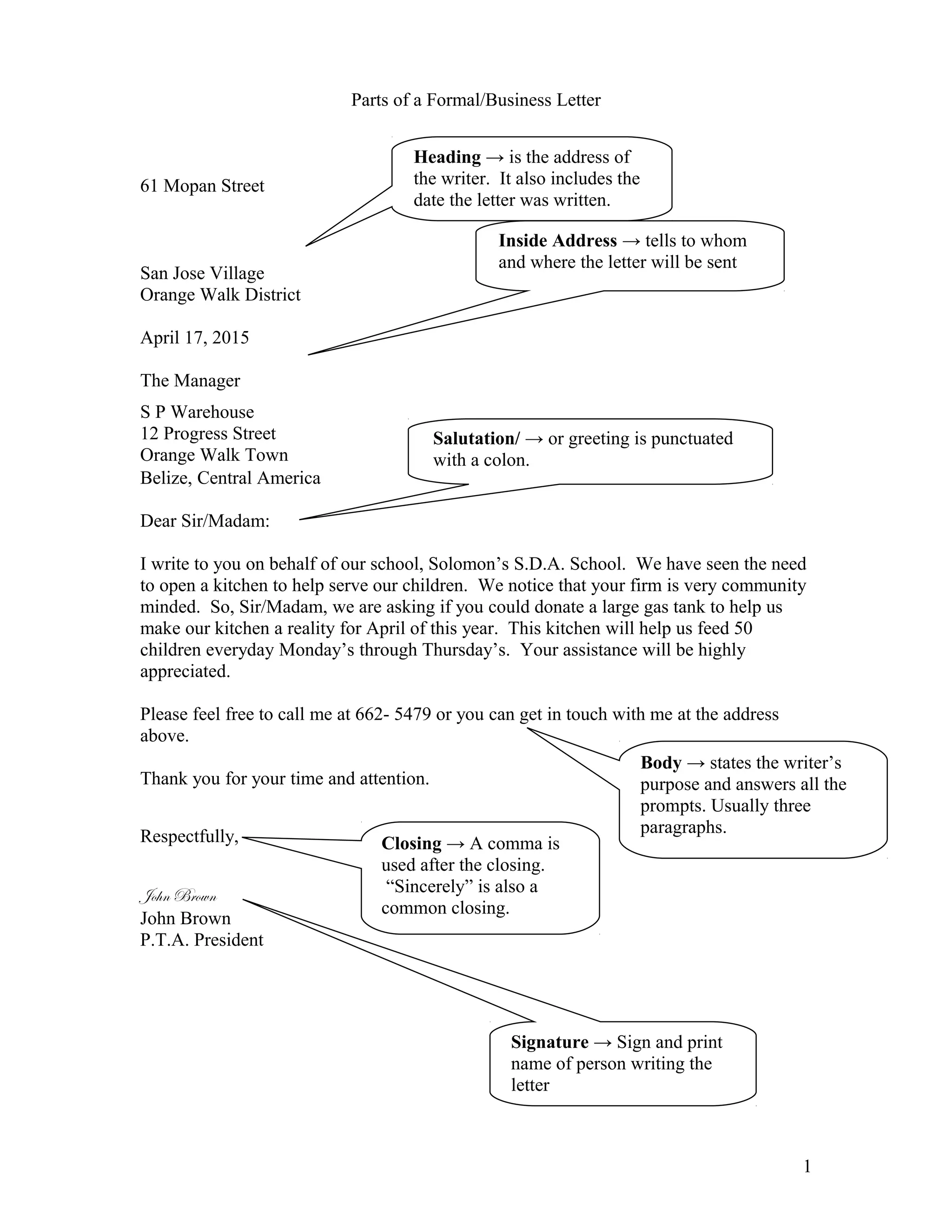 Parts of a formal letter handout | DOC