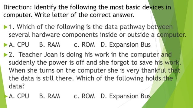 Basic Parts of computer. Identify the basic parts of Computer. Discuss ...