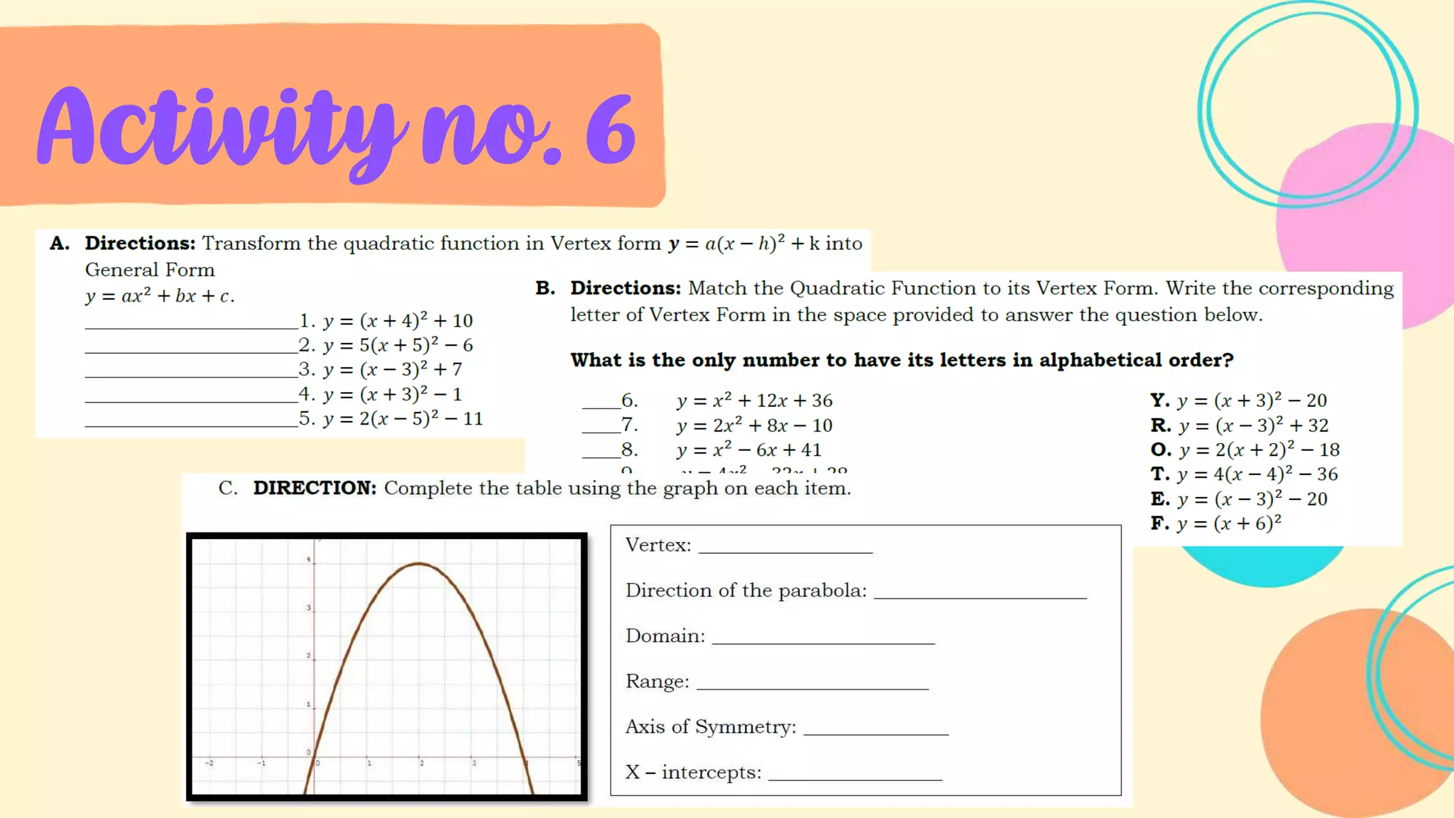 Parts of quadratic function and transforming to general form to vertex ...