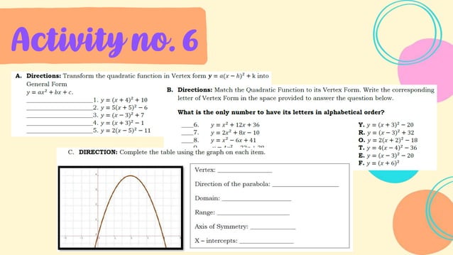 Parts of quadratic function and transforming to general form to vertex ...