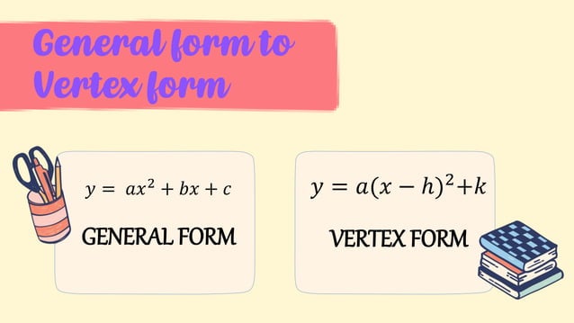 Parts of quadratic function and transforming to general form to vertex ...