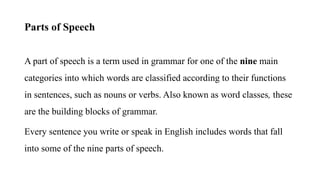 Comprehensive Guide to the Nine Parts of Speech in English Grammar | PPTX