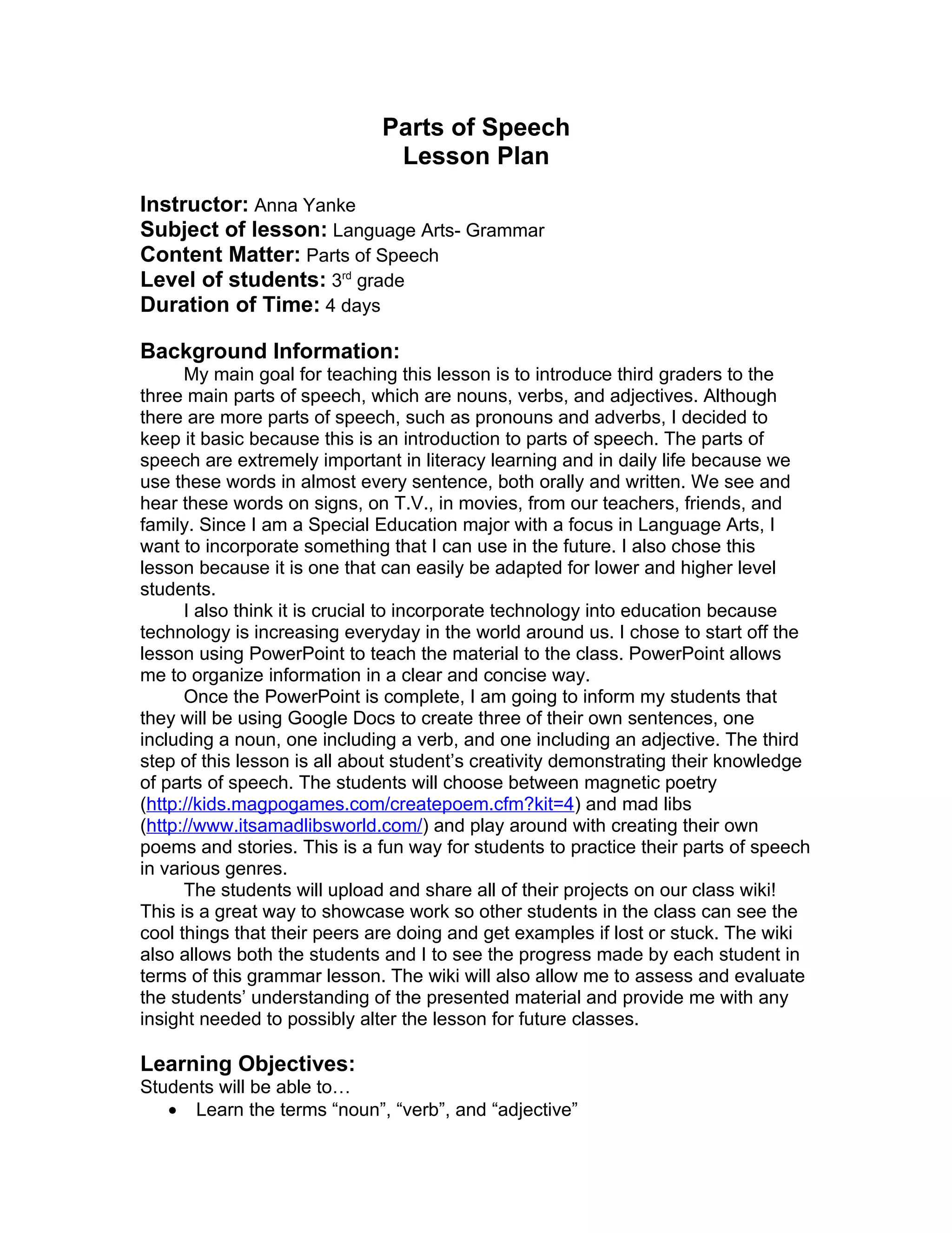 Parts of speech Lesson Plan Info. | DOC