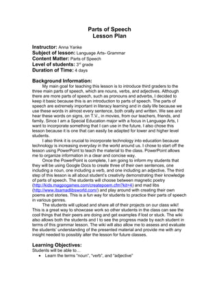 Parts of speech Lesson Plan Info. | DOC