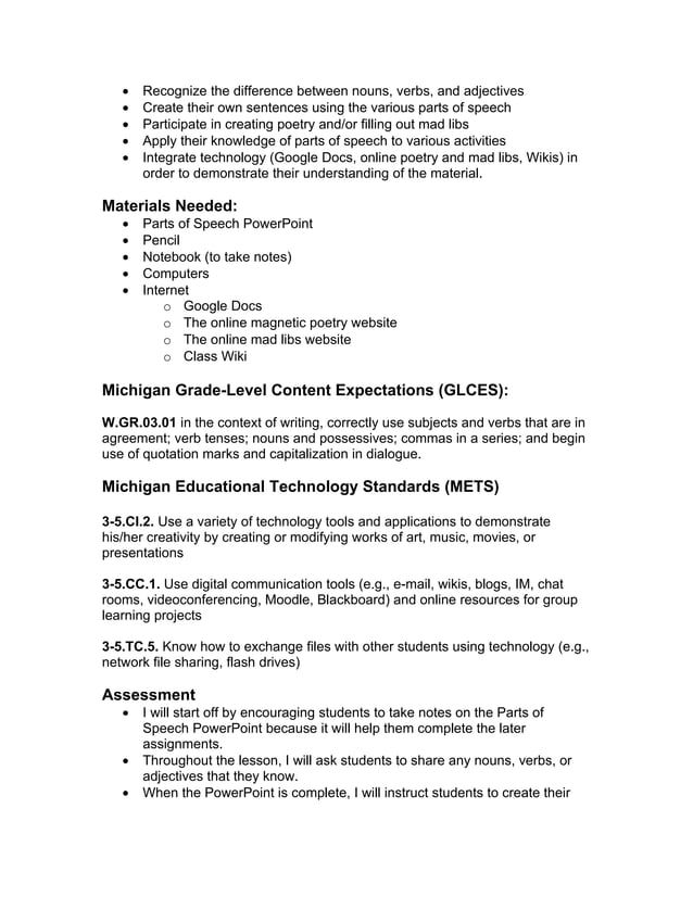 Parts of speech Lesson Plan Info. | DOC