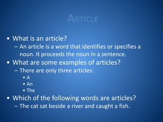 Parts of speech are categories that classify words based on their ...
