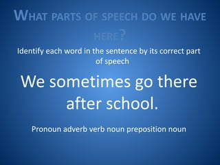 Parts of speech are categories that classify words based on their function in a sentence.Noun ...