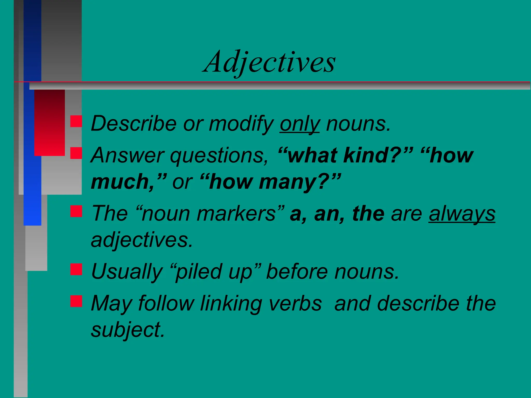 Parts of speech, noun pronoun, verb, adverb, adjectives, preposition ...