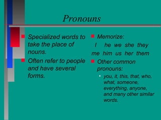 Parts of speech, noun pronoun, verb, adverb, adjectives, preposition ...