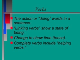 Parts of speech, noun pronoun, verb, adverb, adjectives, preposition ...