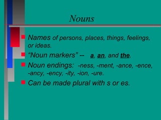 Parts of speech, noun pronoun, verb, adverb, adjectives, preposition ...