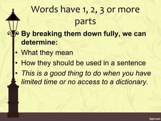 Parts of speech (vocab intro) with root suffix prefix (examples from ...