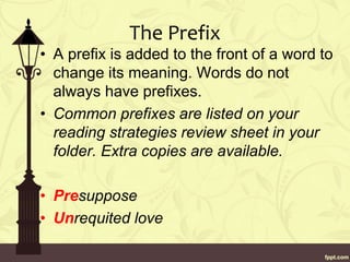 Parts of speech (vocab intro) with root suffix prefix (examples from ...