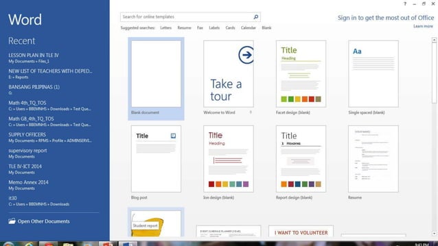 Parts of the ms word 2013 screen and