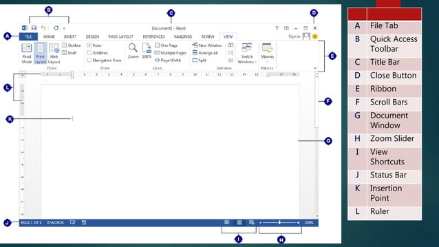 Parts of the ms word 2013 screen and