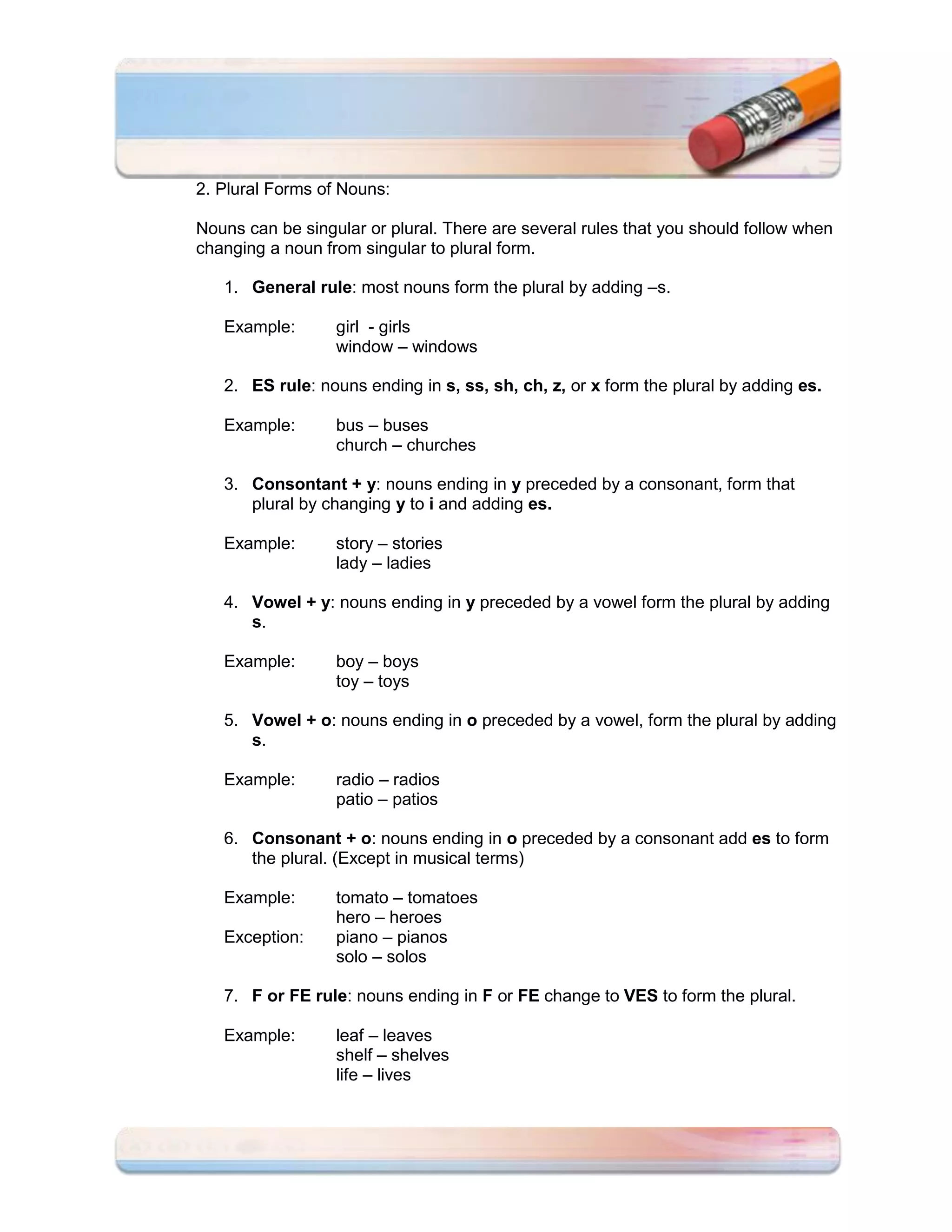 Parts of the Speech Plural Nouns | PDF