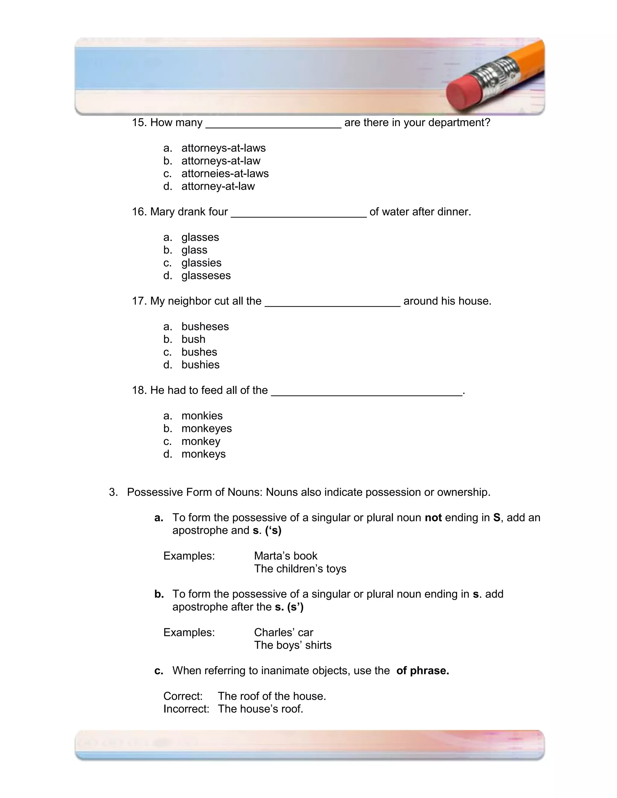 Parts of the Speech Plural Nouns | PDF