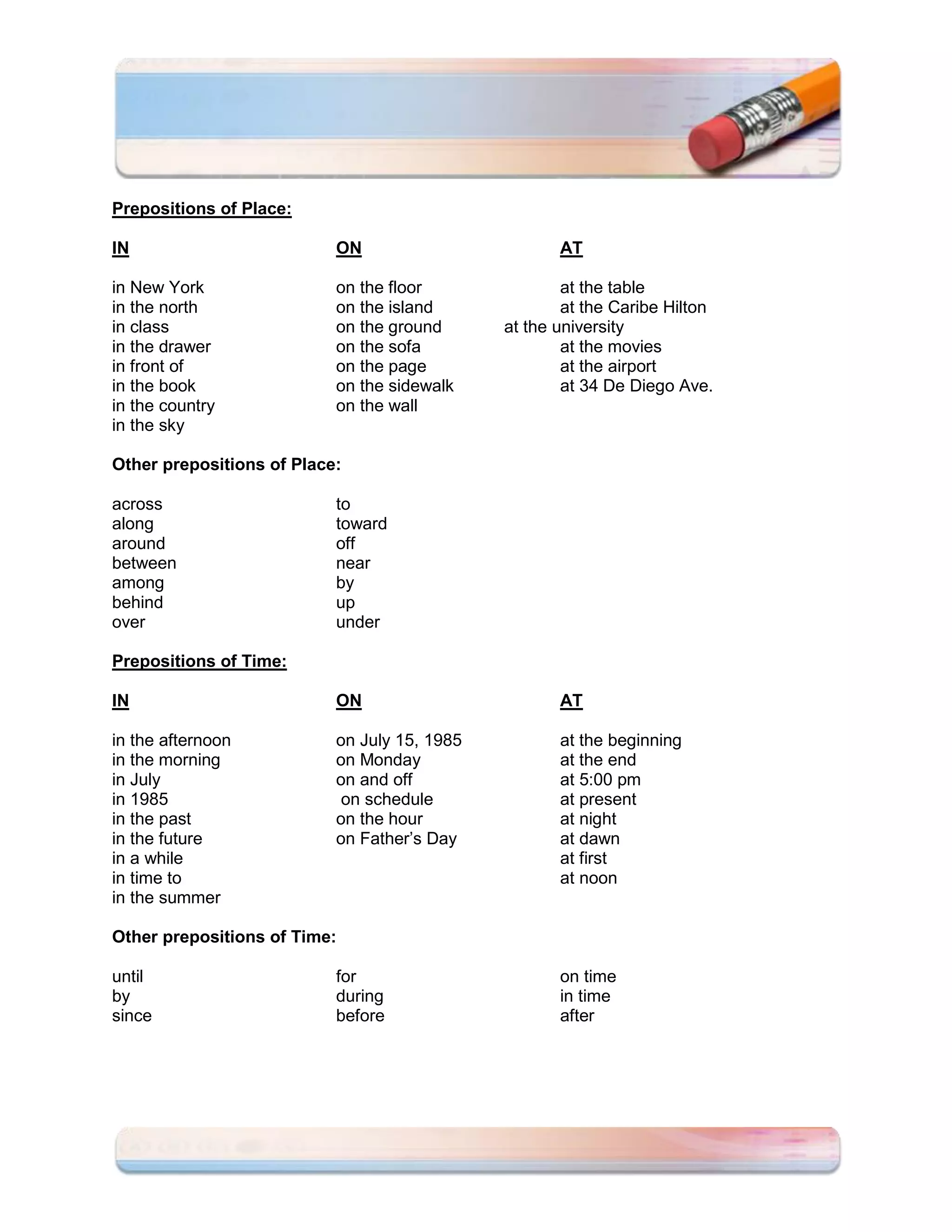 Parts of the Speech - Prepositions | PDF