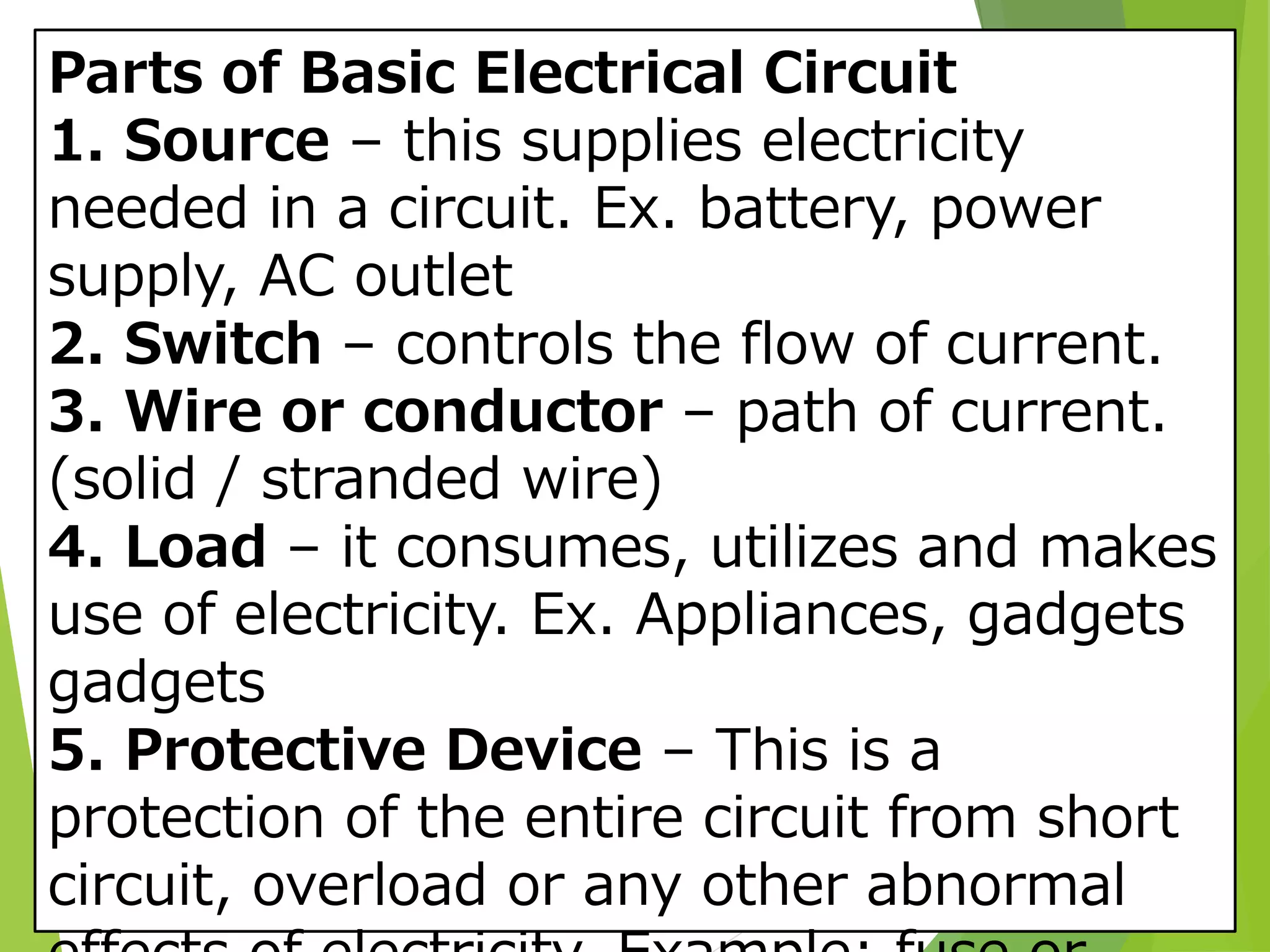 Parts, Types and Defects of Electric Circuit | PPTX