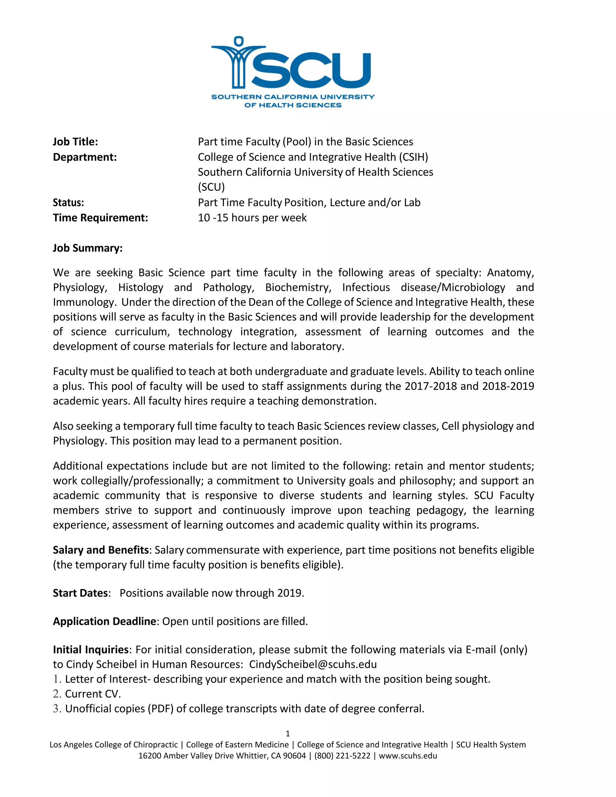 Part time Faculty (Pool) in the Basic Sciences - SCUHS | PDF