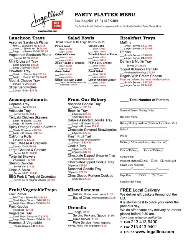 Party Platter Menu at Ingallina's Los Angeles Shop | PDF