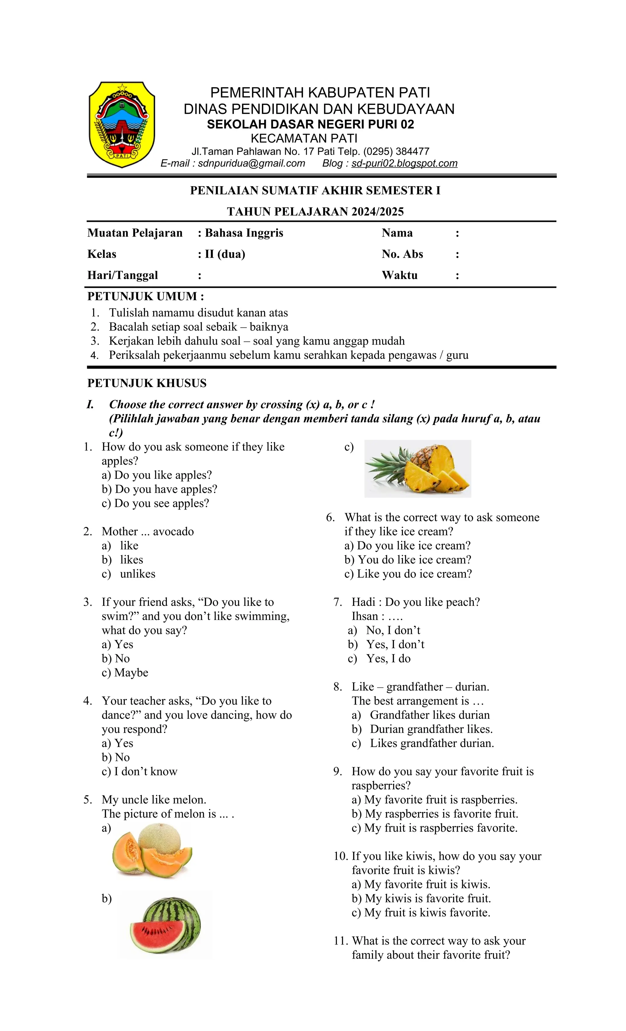 Penilaian Sumatif Akhir Semester 1 Bahasa Inggris Kelas 2 Kurikulum Merdeka 2024 | PDF