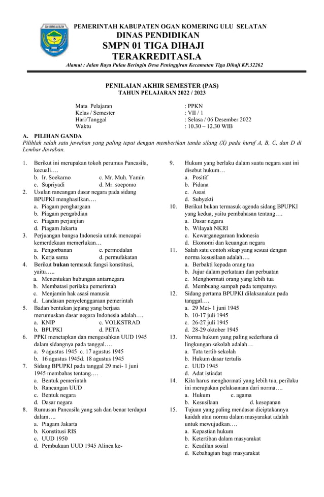 PAS 2022 2023 soal ppkn kls 7.doc