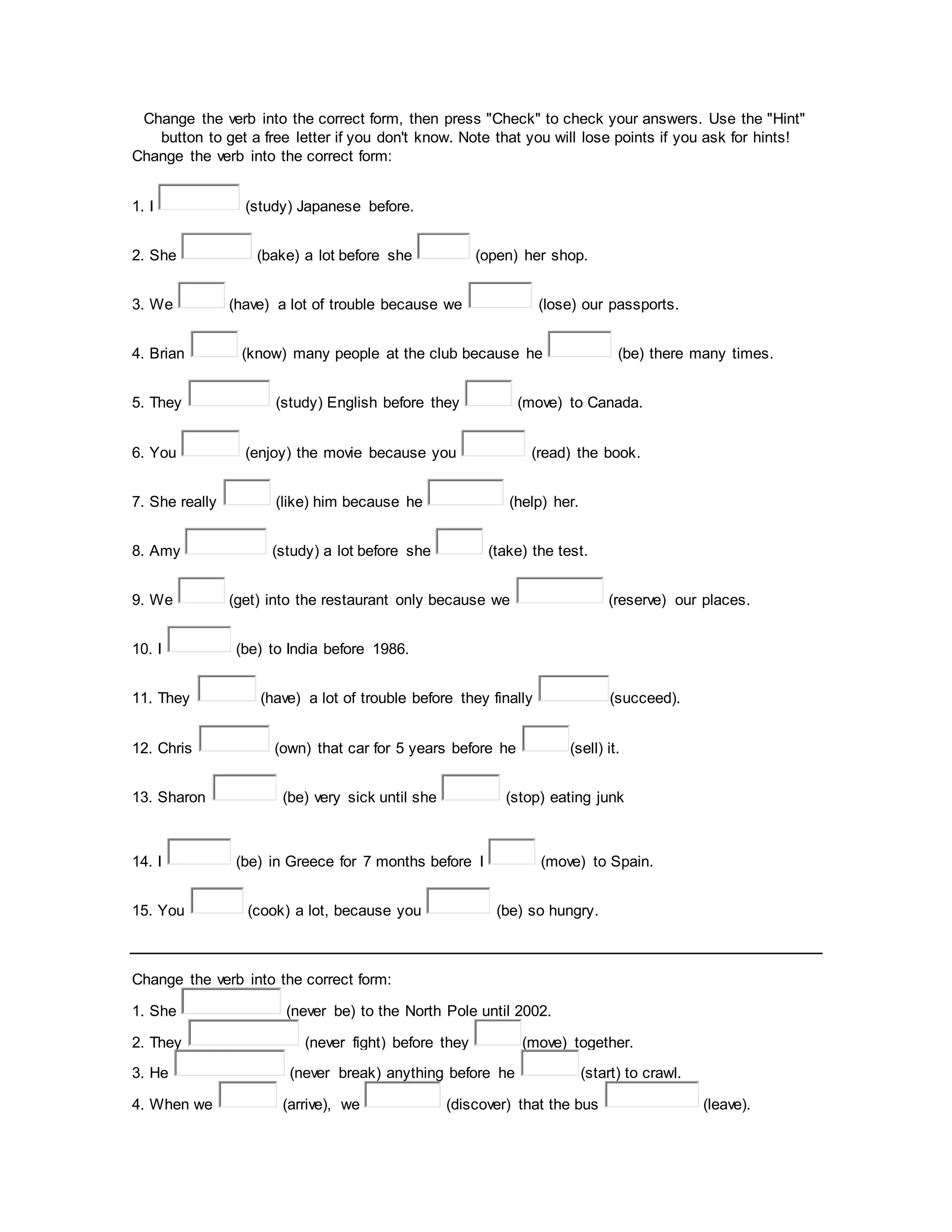 Pasado perfecto examen | DOCX