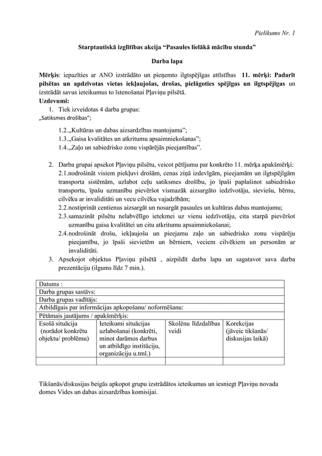 Pasaules lielākā mācību stunda "Mūsu Pļaviņas - drošas un ilgtspējīgas ...