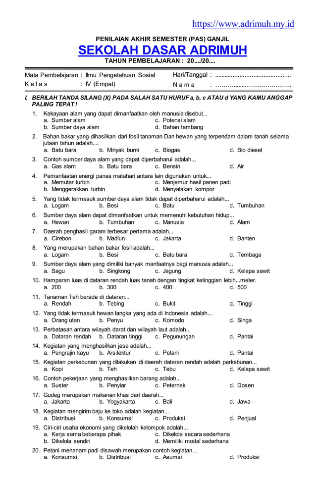PENILAIAN AKHIR SEMESTER (PAS) IPS KELAS 4 SD/MI | PDF