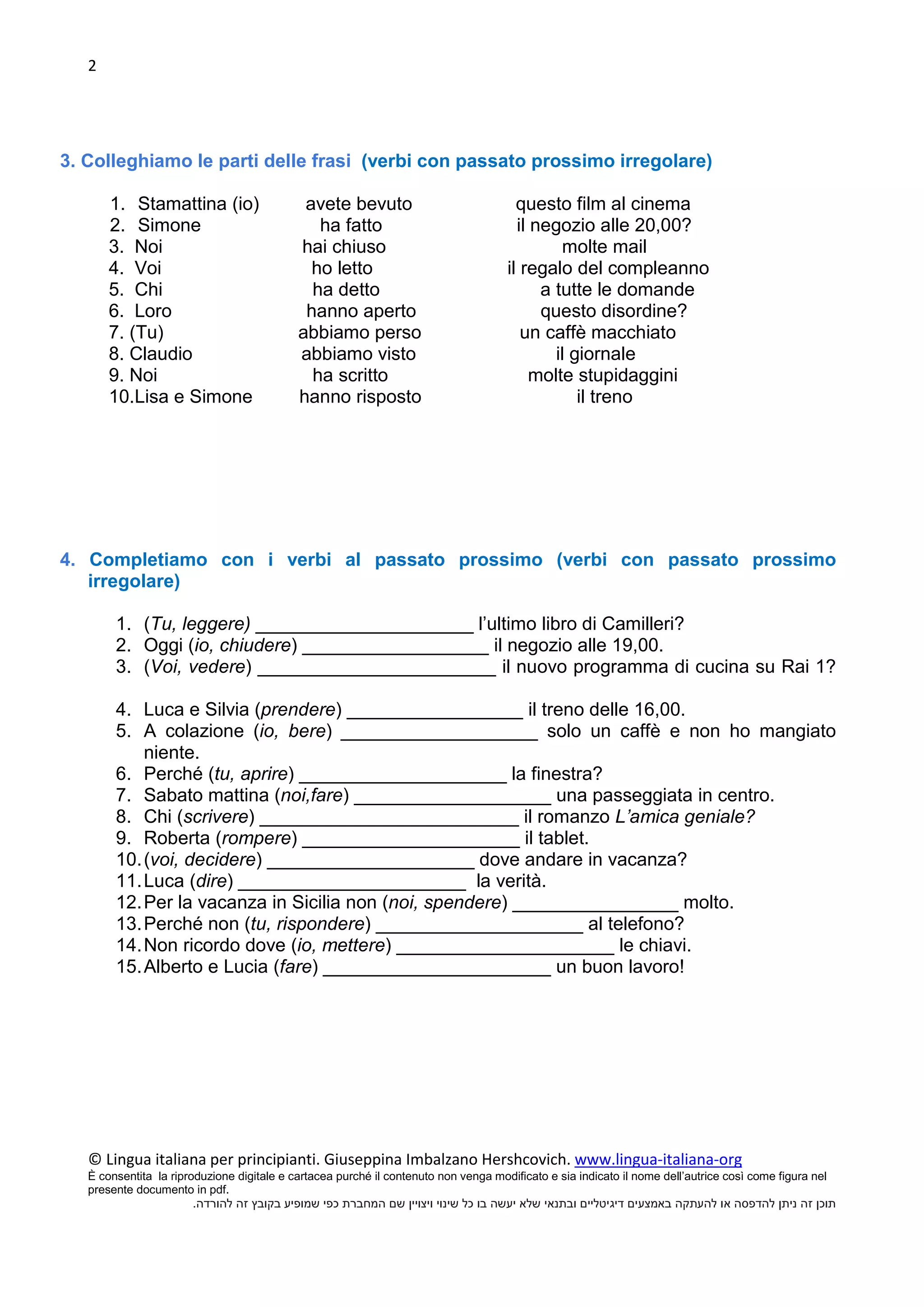 Esercizi sul passato prossimo con ausiliare "avere" | PDF