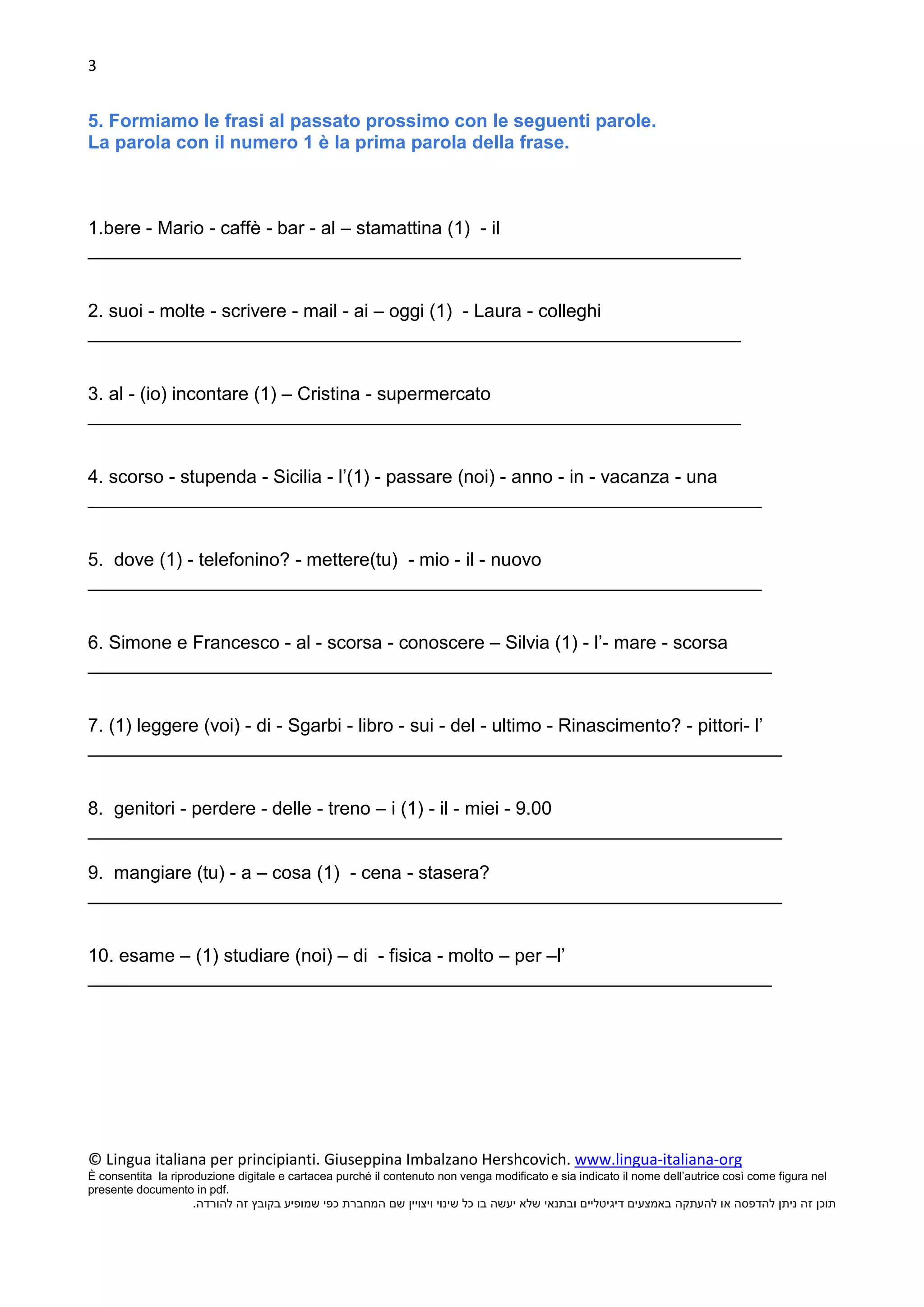 Esercizi sul passato prossimo con ausiliare "avere" | PDF