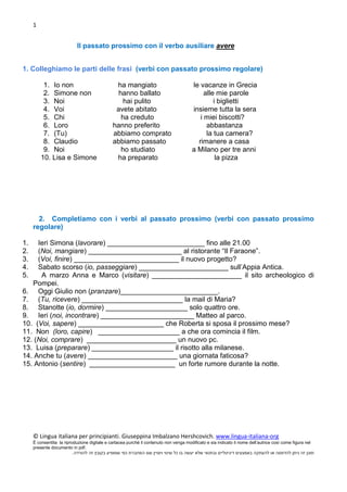 Esercizi sul passato prossimo con ausiliare "avere" | PDF