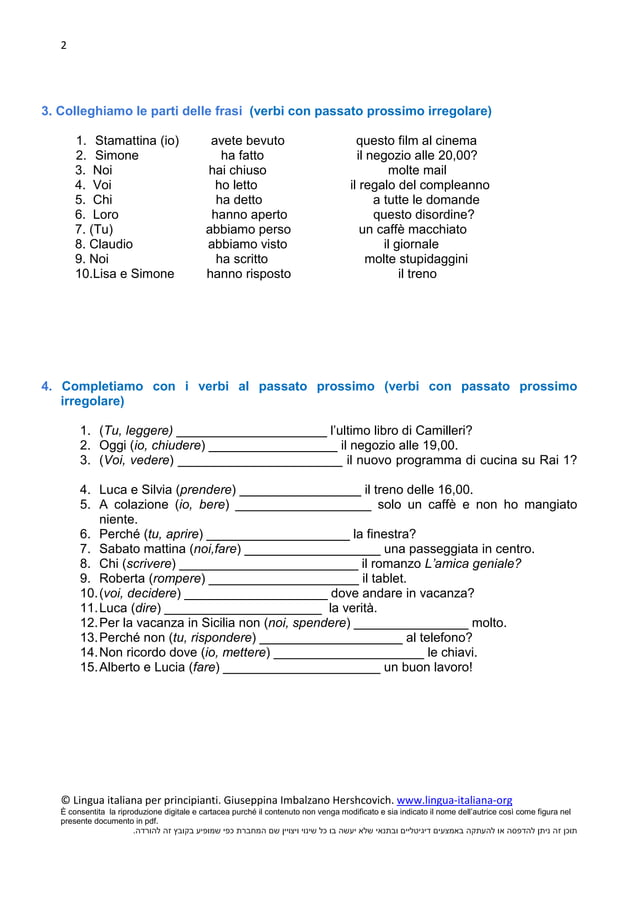 Esercizi sul passato prossimo con ausiliare "avere" | PDF