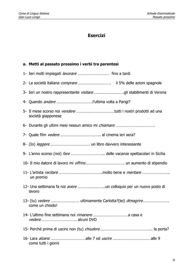 Passato prossimo spiegazione esercizi | PDF