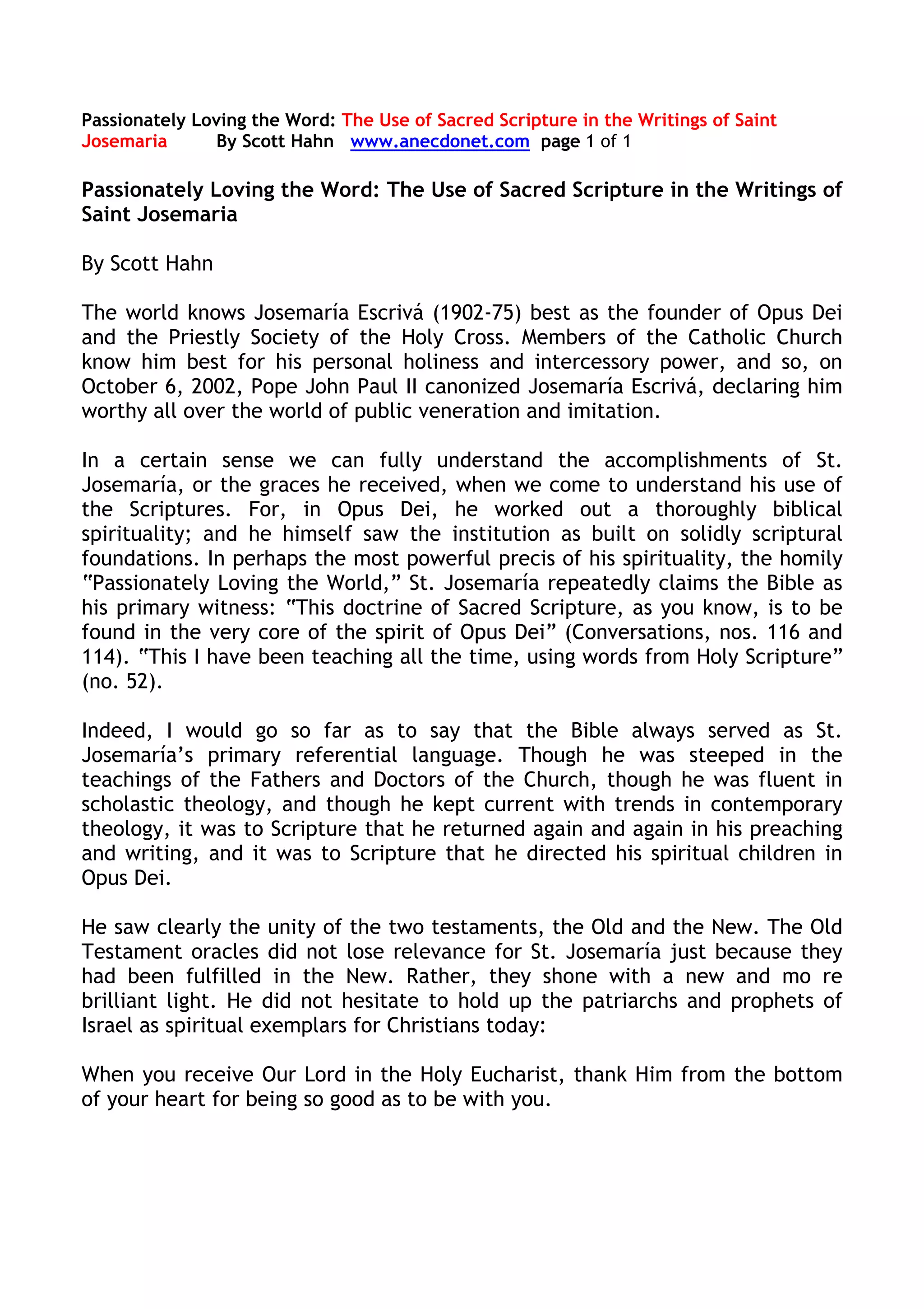 Passionately Loving the Word: The Use of Sacred Scripture in the ...