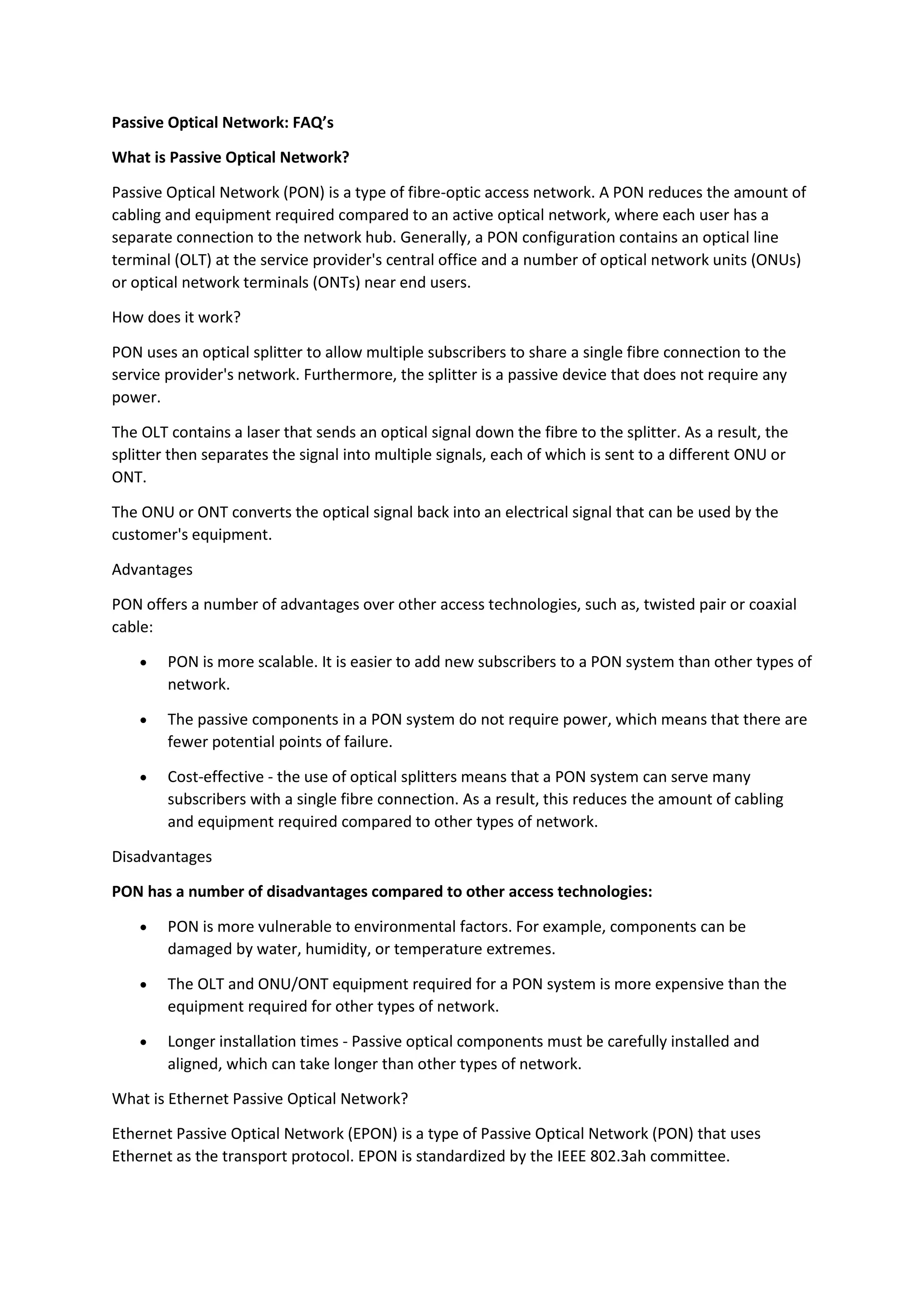 Passive Optical Network - FAQs.docx | Computer Networking | Computing